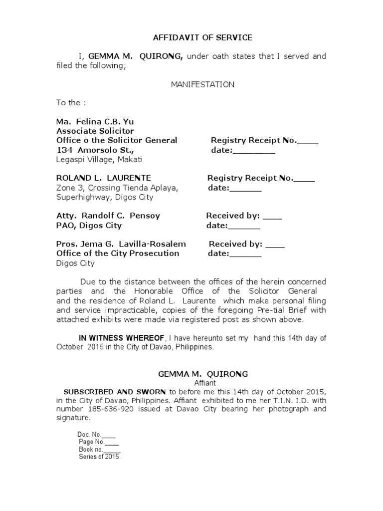 Affidavit of Service for Legal Documents | PDF