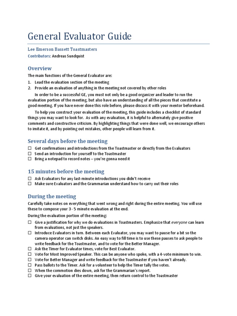 General Evaluator Guide: Lee Emerson Bassett Toastmasters | PDF ...