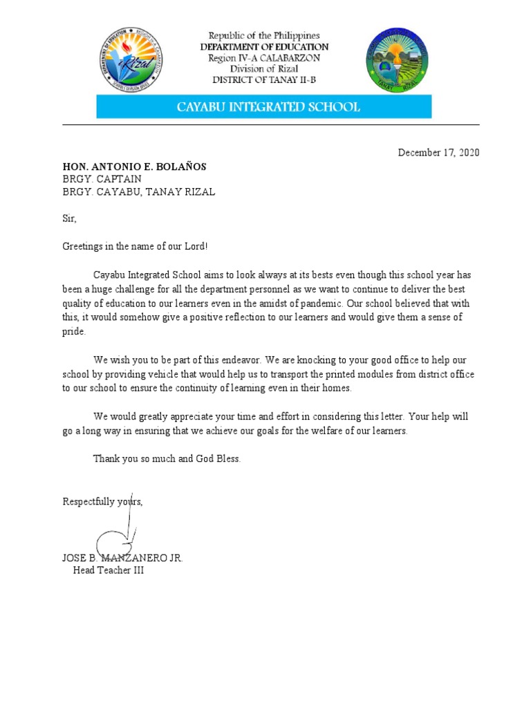 Request Letter For BRGY (TRANSPO) | PDF