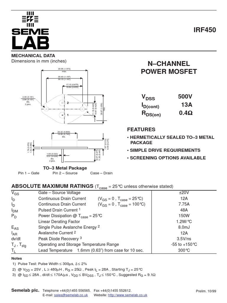 Irf450 PDF | Download Free PDF | Field Effect Transistor | Diode