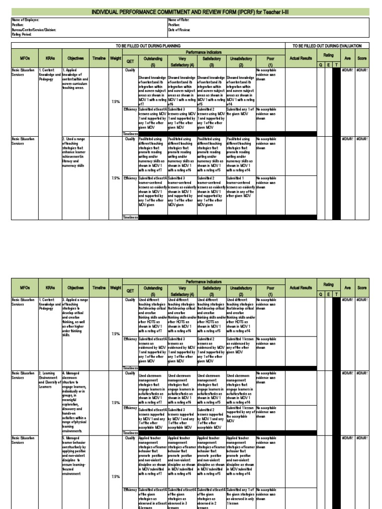 Individual Performance Commitment and Review Form (Ipcrf) For Teacher I ...