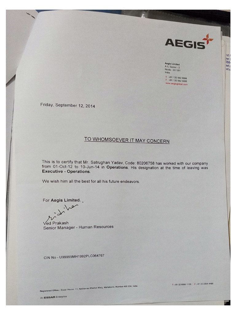 Aegis Experinces Letter PDF | PDF
