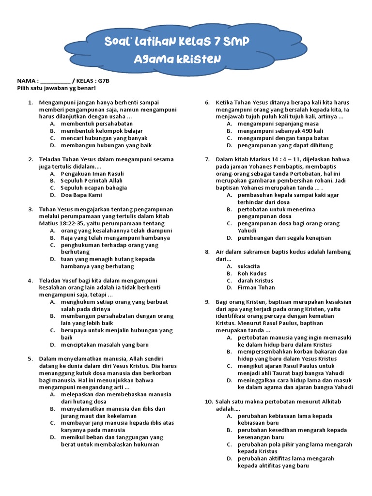 SOAL LATIHAN AGAMA KRISTEN G7B Ms. Indri | PDF