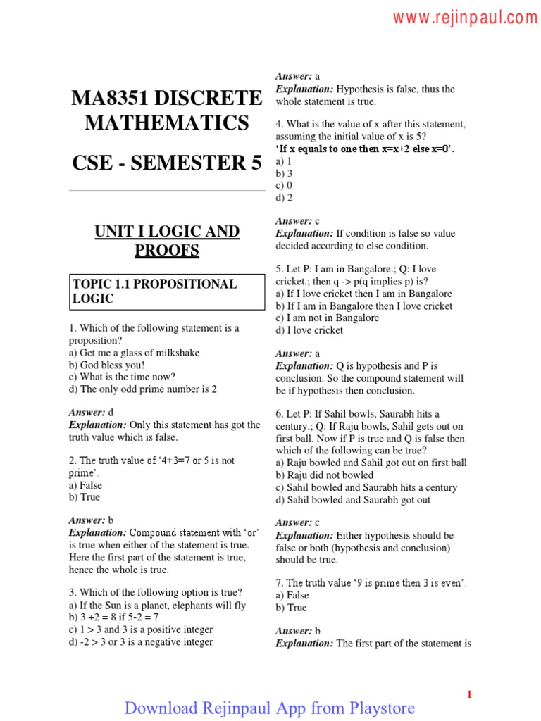 DM MCQ - Rejinpaul | Download Free PDF | Mathematical Proof | Logical ...