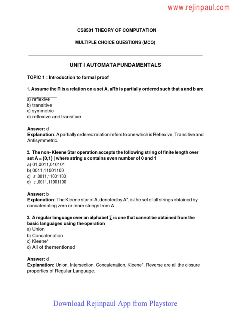 TOC MCQs | Download Free PDF | Regular Expression | Syntax (Logic)