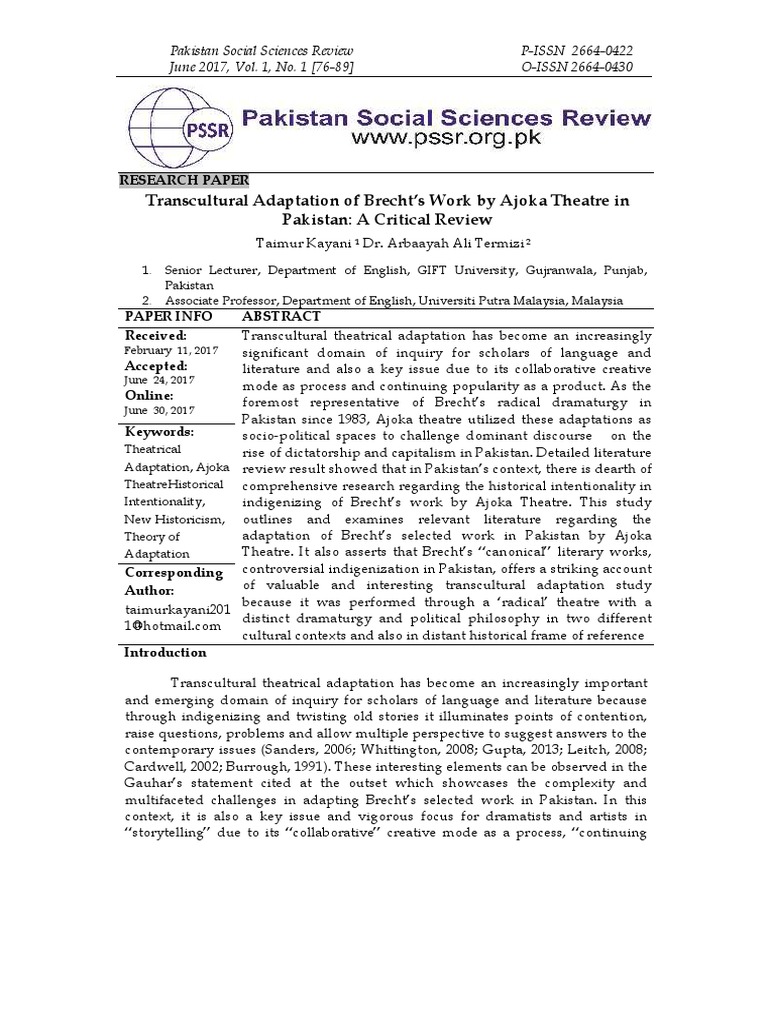 Transcultural Adaptation of Brechts Work by Ajoka Theatre in Pakistan A ...
