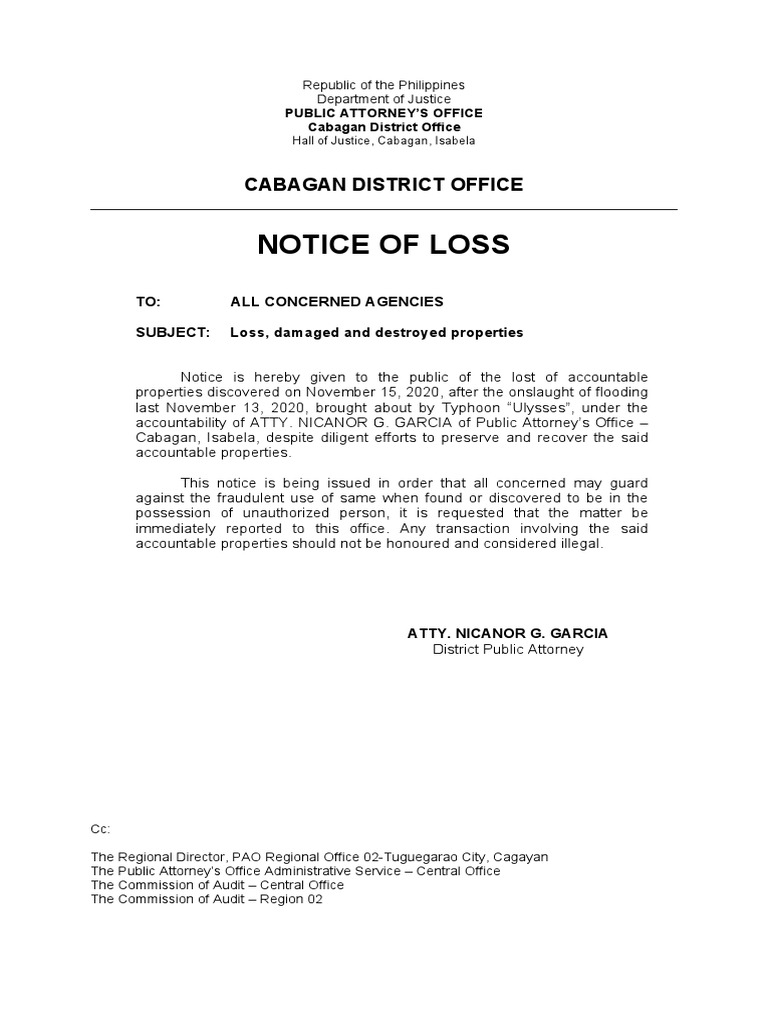 COA - Notice of Loss | PDF