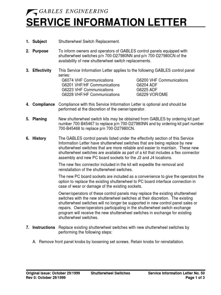 Service Information Letter: Gables Engineering | PDF | Electrical ...