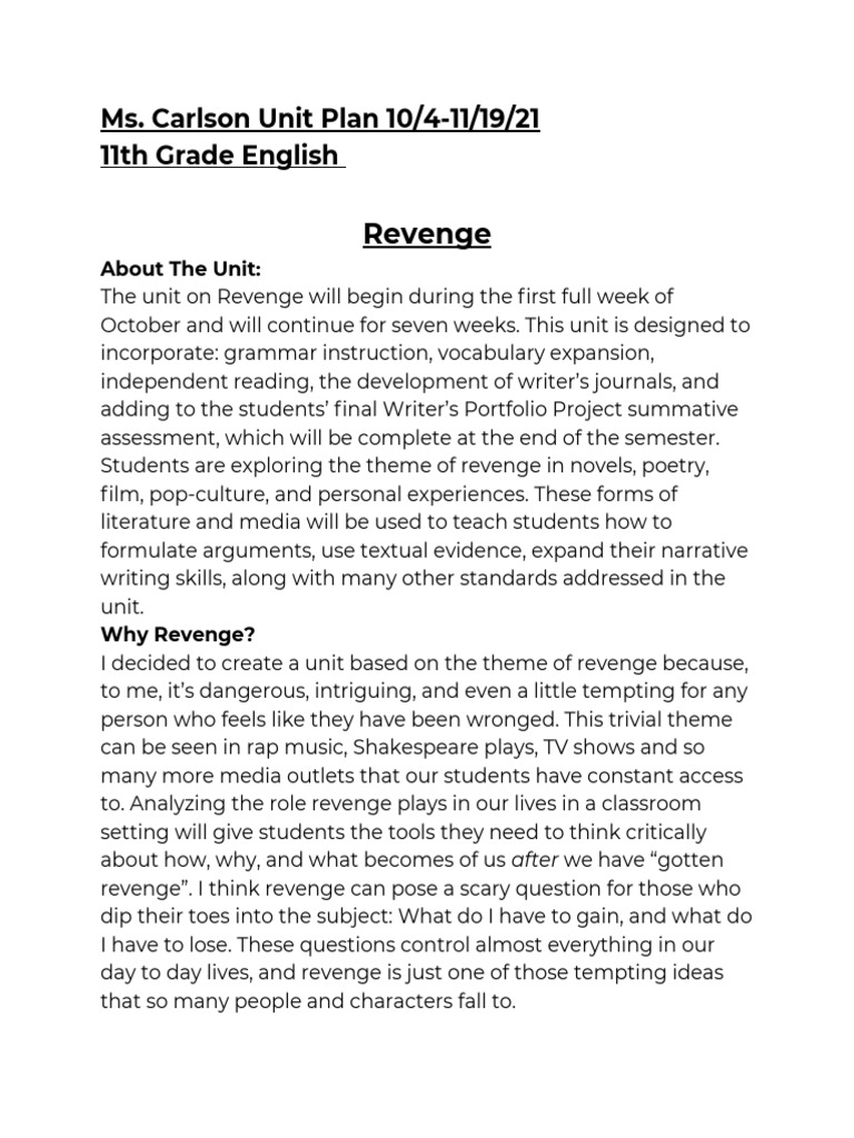 Revenge Unit Plan | PDF | Educational Assessment | Narrative