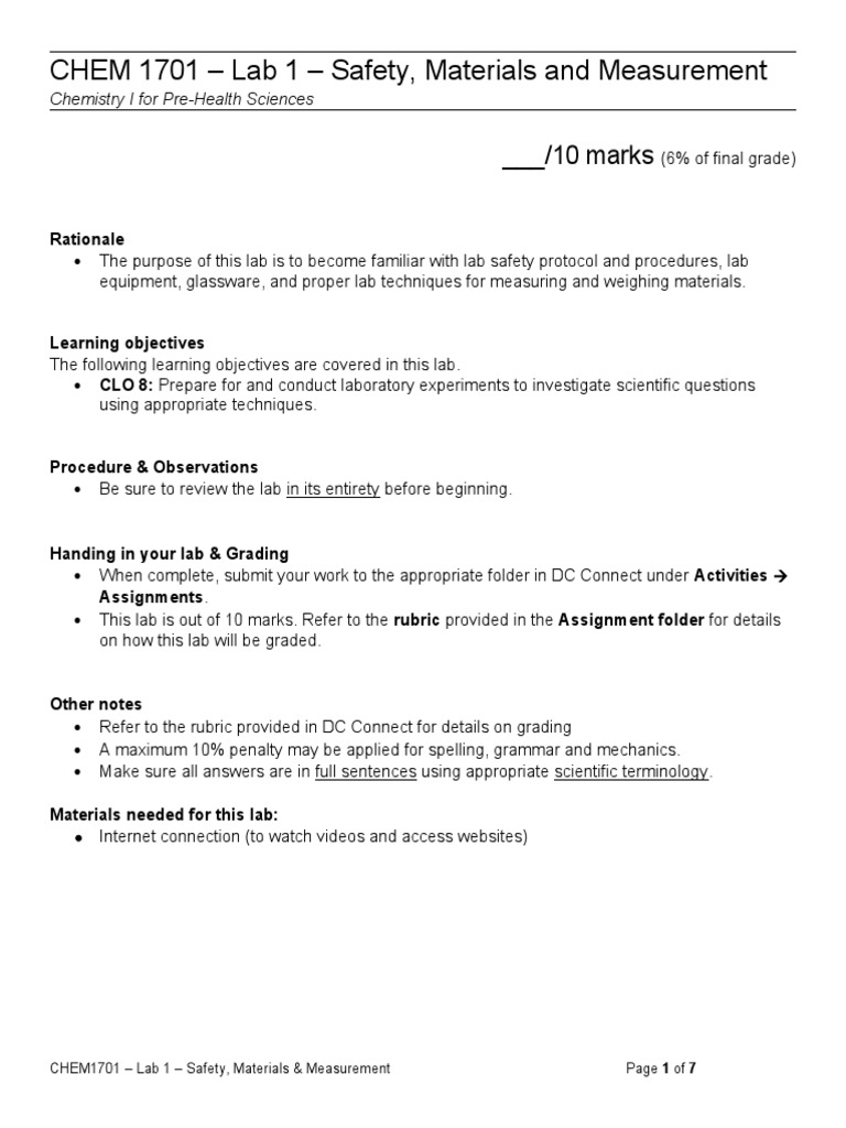 CHEM 1701 - Lab 1 - Safety, Materials and Measurement: - /10 Marks ...