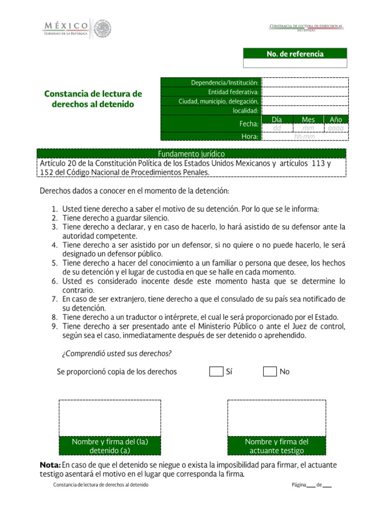 Constancia De Lectura De Derechos Al Detenido Pdf