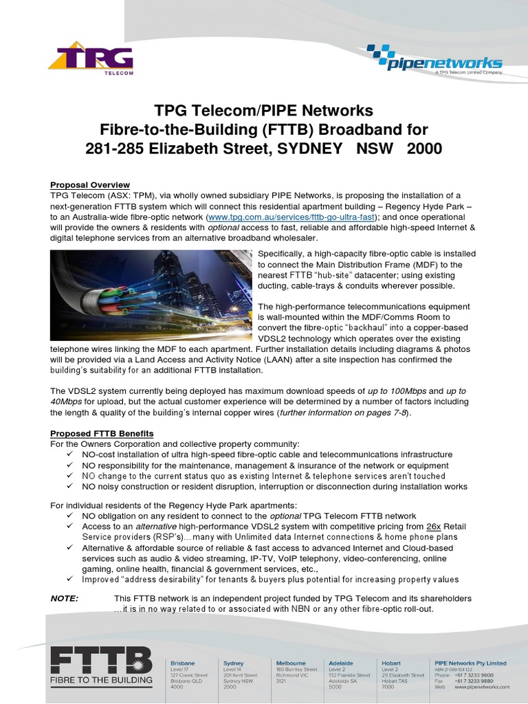 TPG Telecom/PIPE Networks Fibre-to-the-Building (FTTB) Broadband For ...