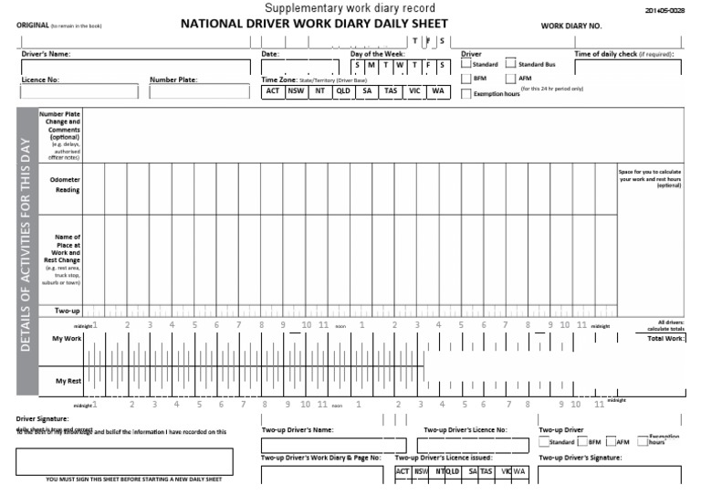 National Driver Work Diary Daily Sheet | PDF | Vehicles | Land Transport