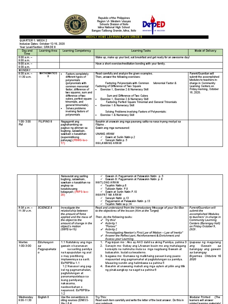 WEEKLY HOME LEARNING PLAN WEEK gRADE 8 wEEK 2 | PDF | Factorization | Teaching Mathematics