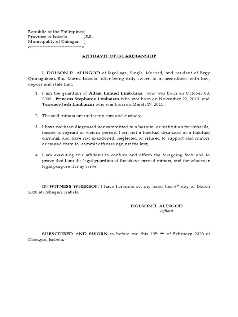 Affidavit of Guardianship Samples | PDF | Affidavit | Legal Guardian