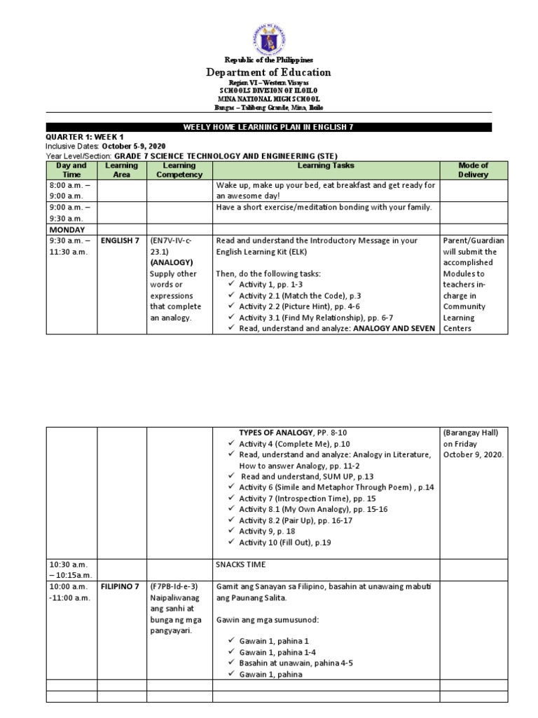 Weekly Home Learning Plan WHLP Sample | PDF | Language Arts & Discipline