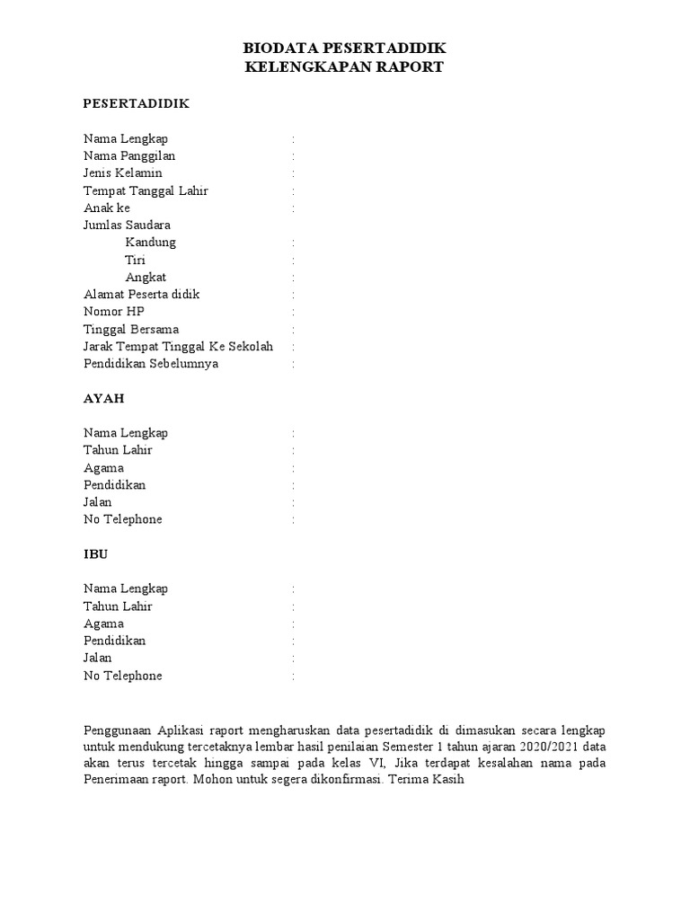 Biodata Kelengkapan Raport | PDF
