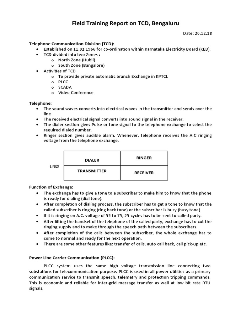 Field Training Report On TCD, Bengaluru: Telephone Communication ...