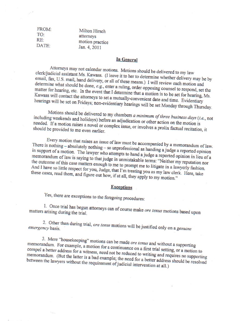 Judge Milton Hirsch Motion Practice Order | PDF