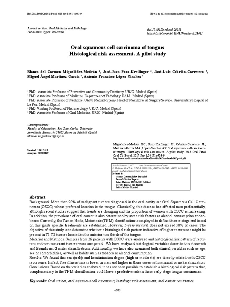 Oral Squamous Cell Carcinoma of Tongue: Histological Risk Assessment. A ...