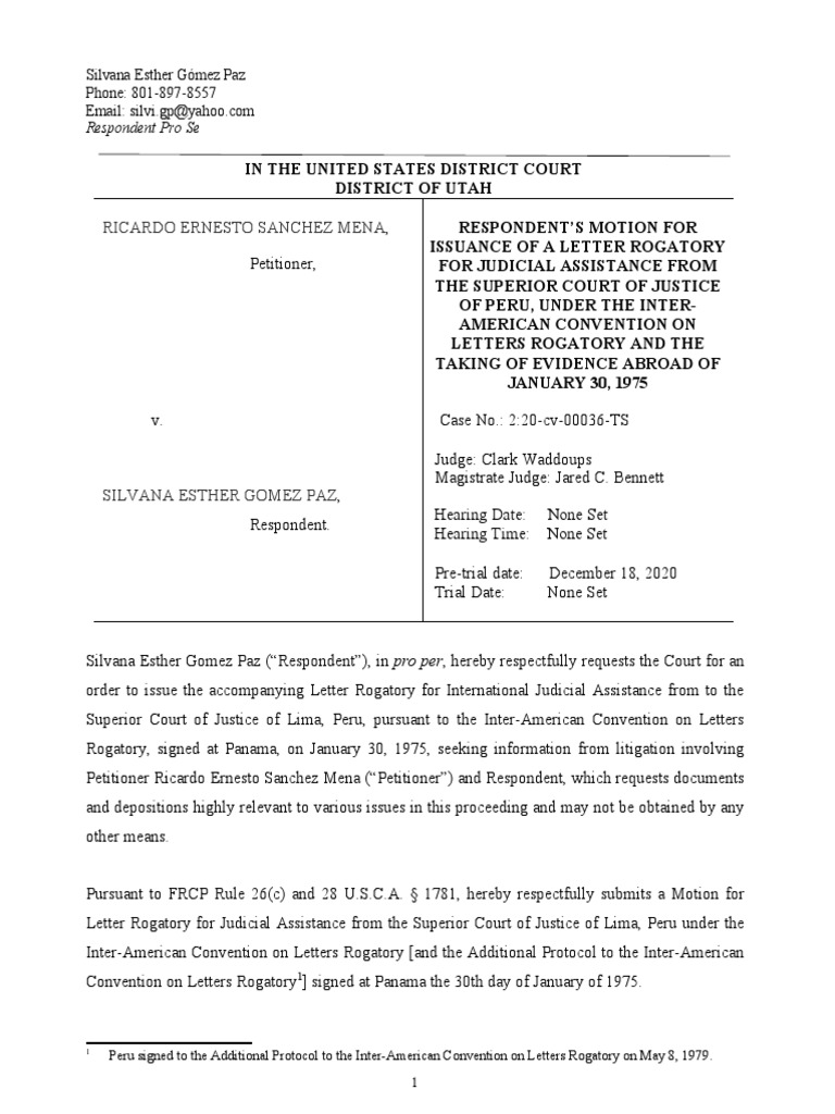 Letter Rogatory Motion 2 | PDF | Complaint | Discovery (Law)
