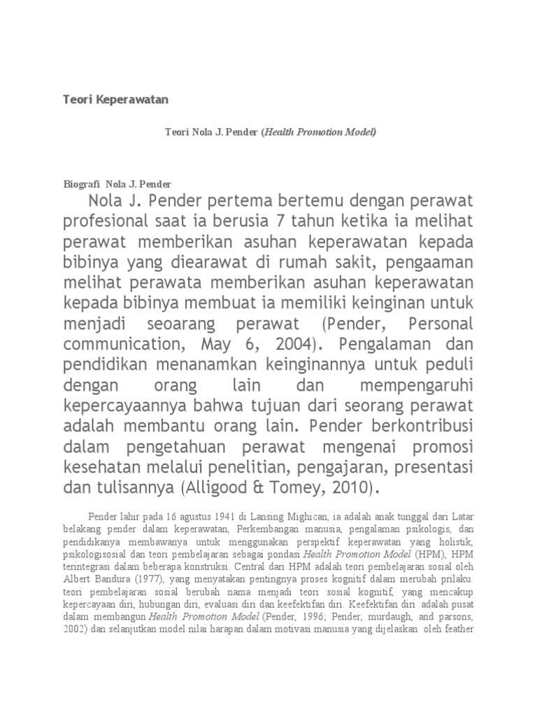 Teori Nola J. Pender (Health Promotion Model) | PDF