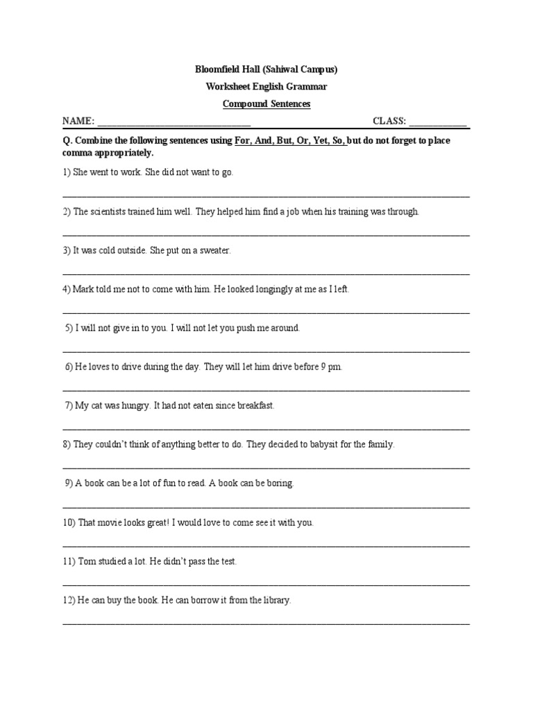 Compound Sentences Worksheet | PDF | Language Mechanics | Grammar