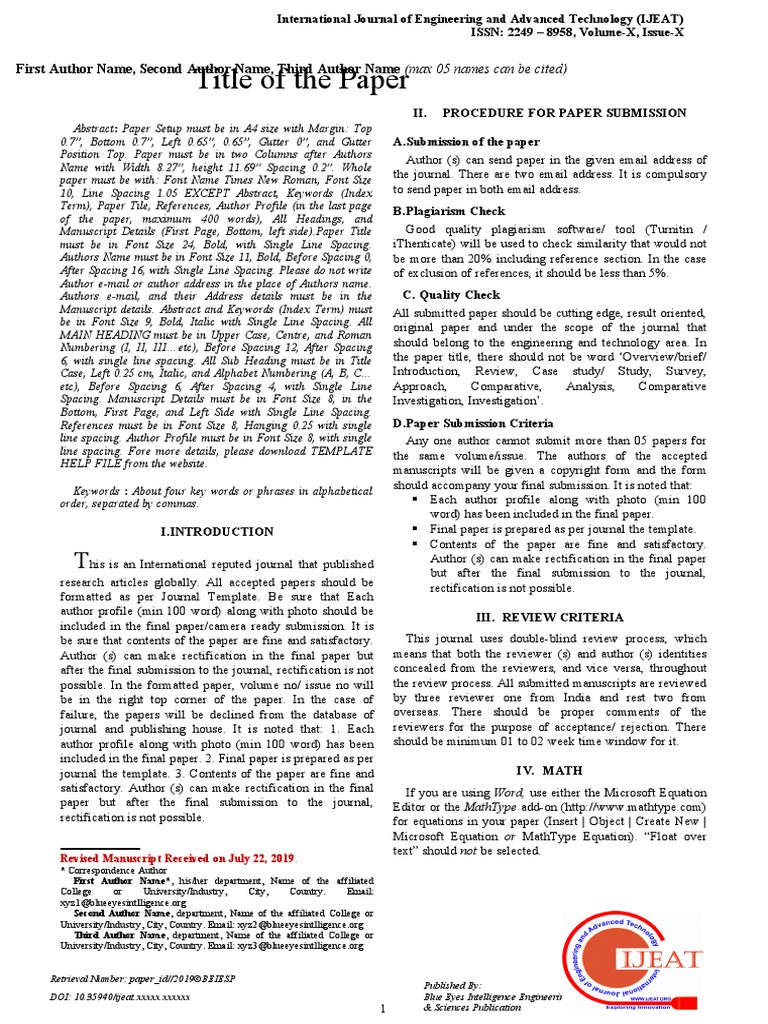 Title of The Paper: First Author Name, Second Author Name, Third Author ...