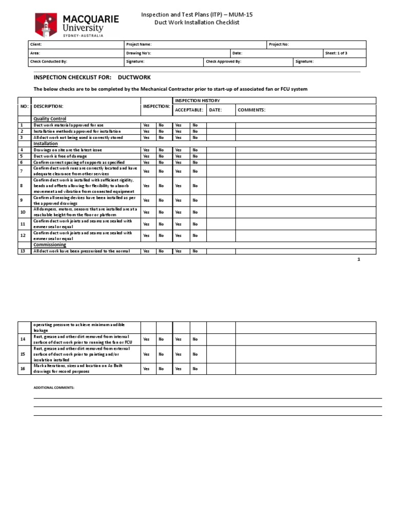 Inspection Checklist For: Ductwork: Inspection and Test Plans (ITP ...