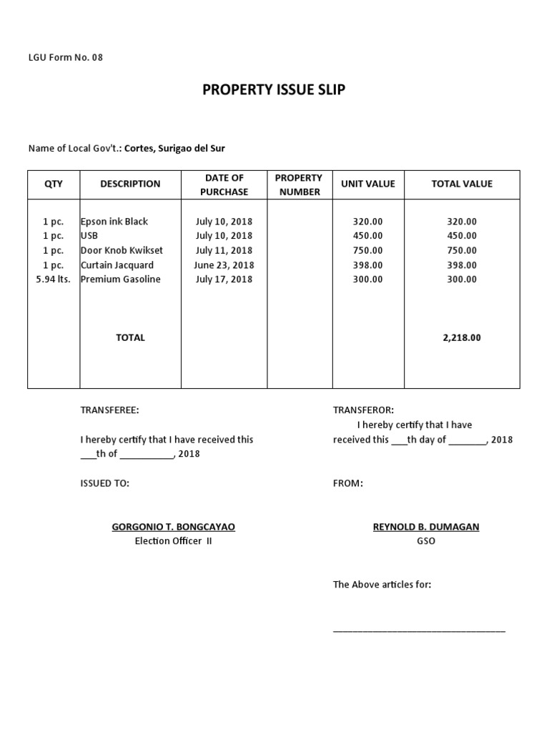 Property Issue Slip: QTY Description Date of Property Unit Value Total ...