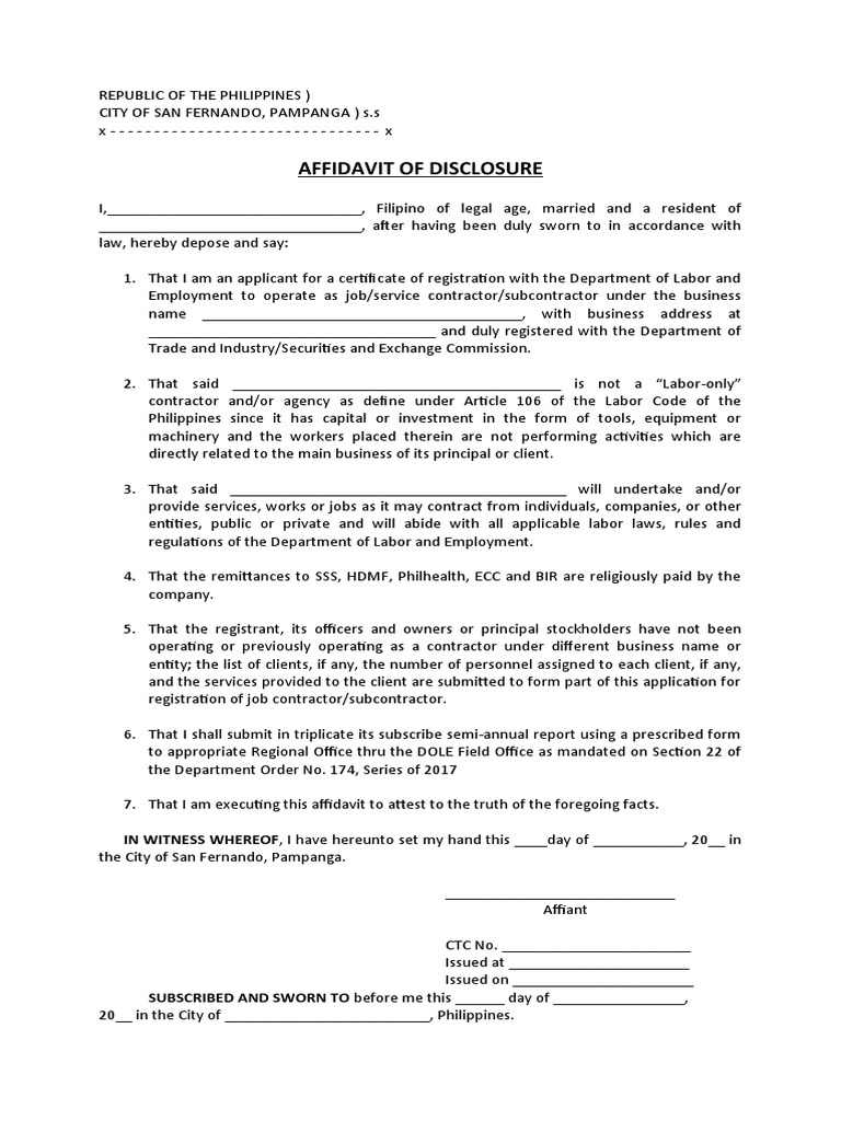Affidavit of Disclosure: IN WITNESS WHEREOF, I Have Hereunto Set My ...