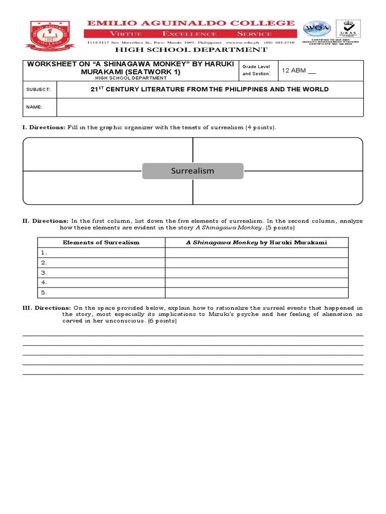 Worksheet On A Shinagawa Monkey by Haruki Murakami | PDF