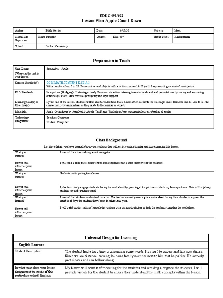 Apple Countdown Lesson Plan Kindergarten | PDF | Lesson Plan ...