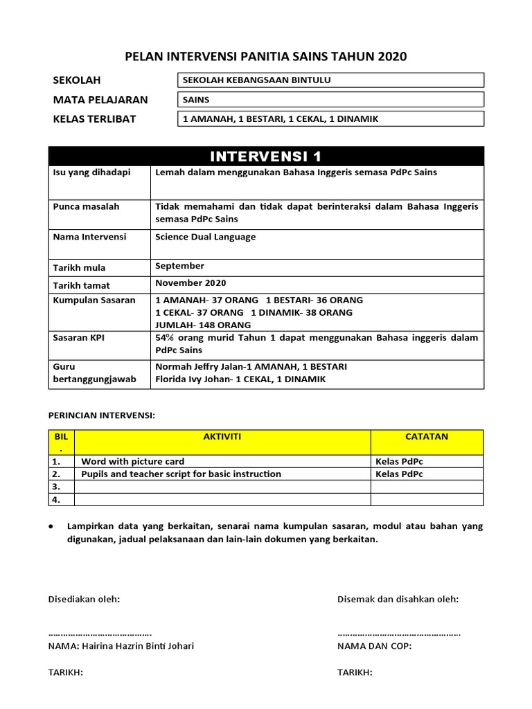 Pelan Intervensi 1 Sains Tahun 1 | PDF