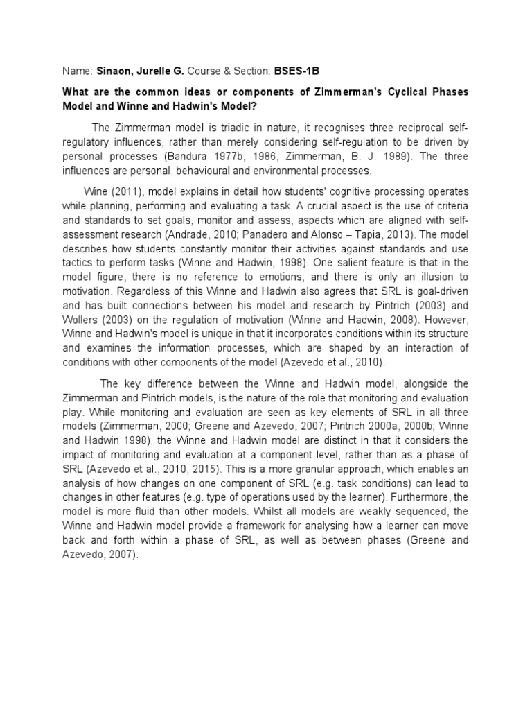 Zimmerman's Cyclical Phases Model and Winne and Hadwin's Model | PDF ...