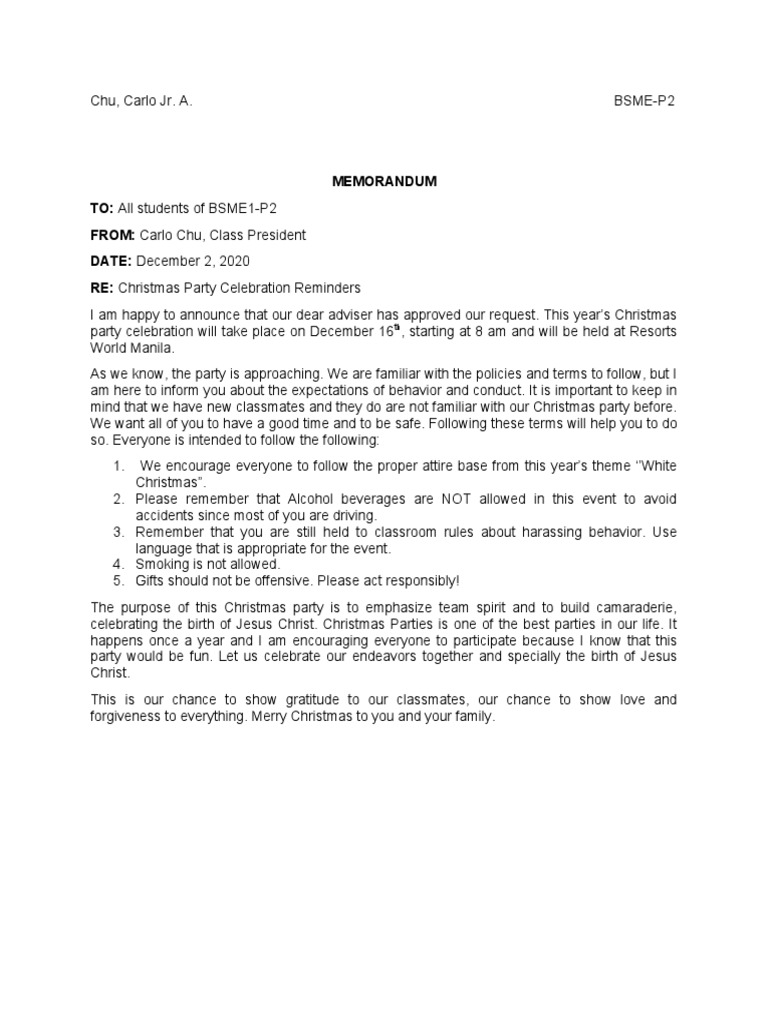 Christmas Party Memo for Students | PDF | Lifestyle