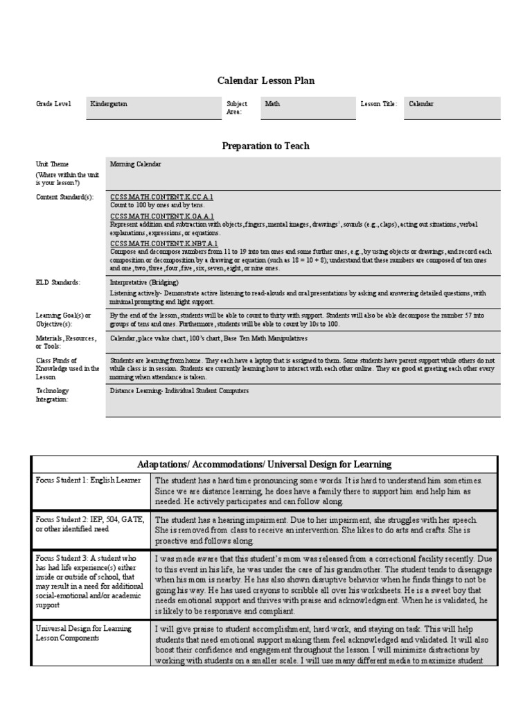 Calendar Lesson Plan: Preparation To Teach | PDF | Distance Education ...