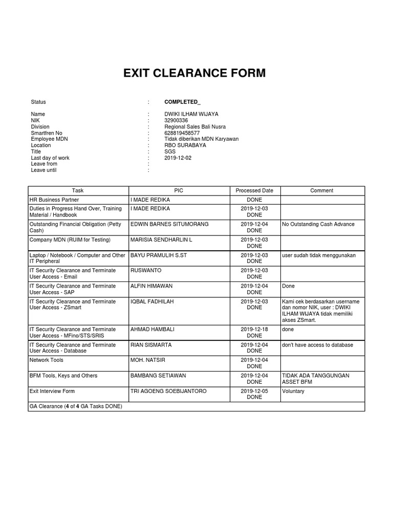 Exit Clearance Form: Completed | PDF | Computer Security | Security