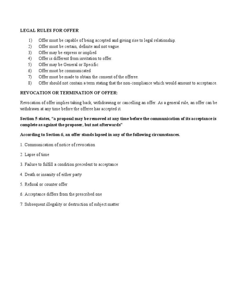 Legal Rules of Offer and Acceptance | PDF | Consideration | Offer And ...