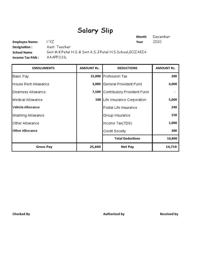 Salary Slip: Month Employee Name: Year Designation: School Name Income ...