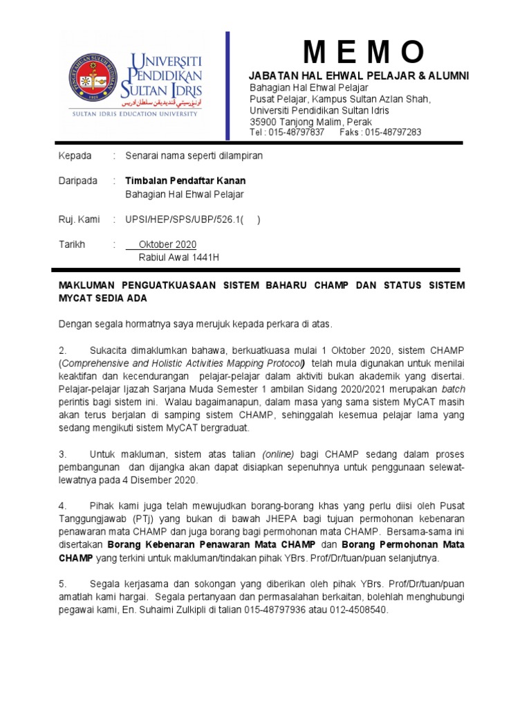 Memo Hebahan Status CHAMP | PDF
