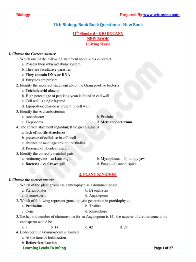 11th Biology Book Back Questions New Book | PDF | Meiosis | Citric Acid ...