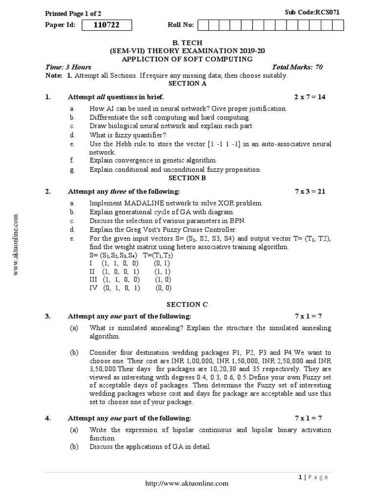 Btech Cs 7 Sem Application of Soft Computing rcs071 2020 | Download Free PDF | Fuzzy Logic ...