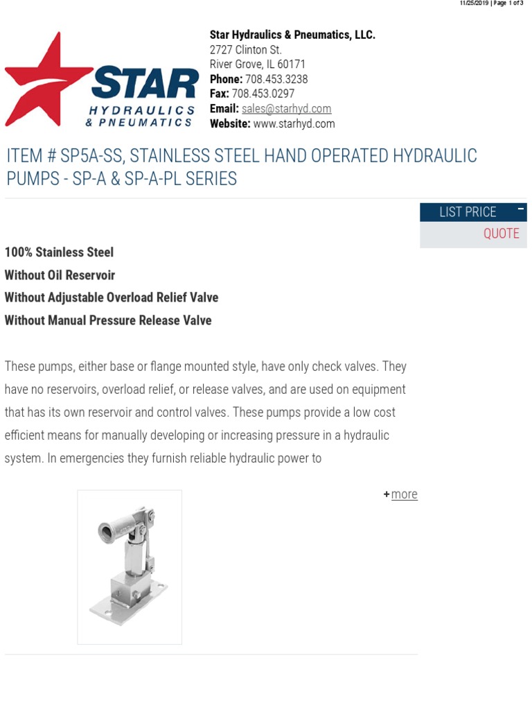SP5A SS StainlessSteelHandOperatedHydraulicPumps SP A&SP A PLSeries PDF ...