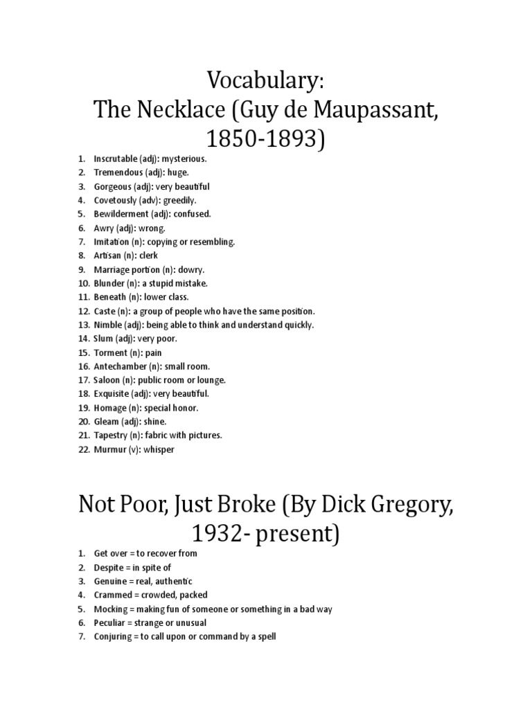 Vocabulary: The Necklace (Guy de Maupassant, 1850-1893) | PDF