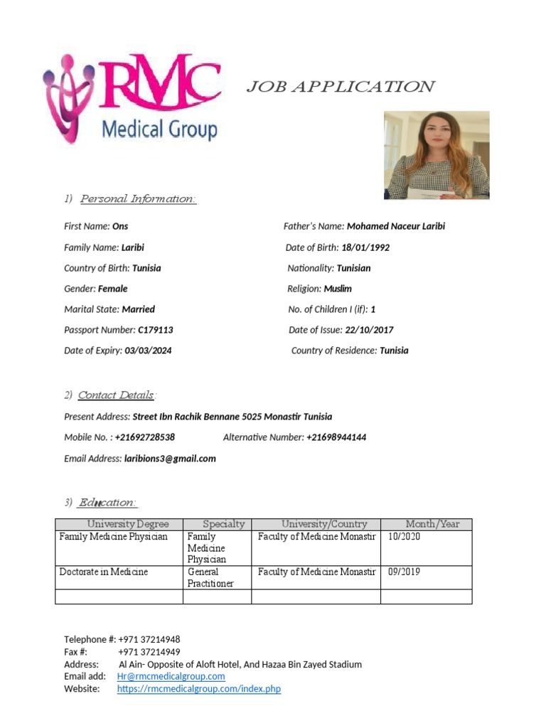 RMC Group JOB APPLICATION | PDF | Tunisia | Physician