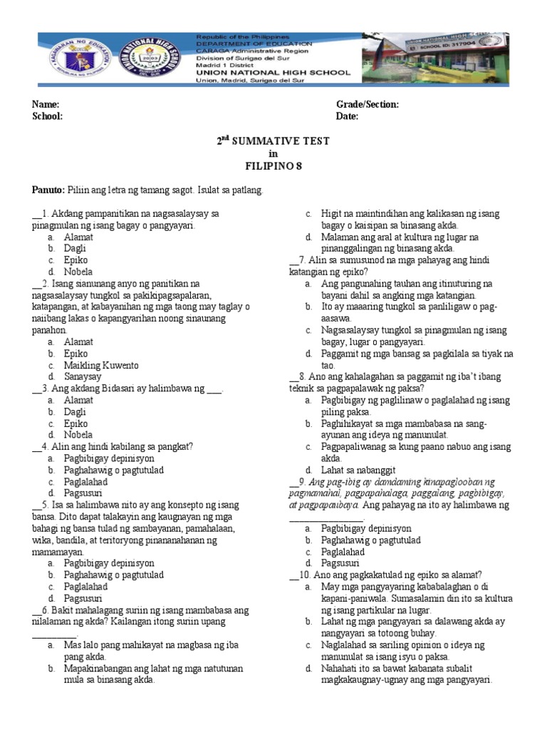 2nd Summative Test in Filipino | PDF
