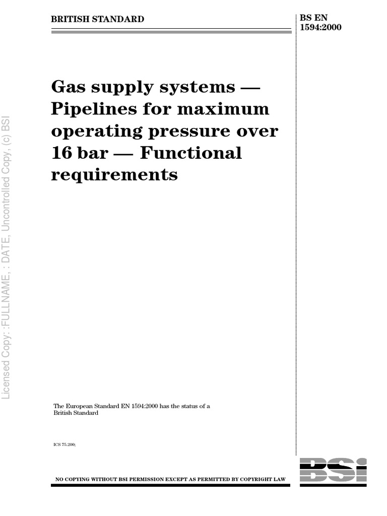 BS en 1594-2000 Gas Supply Systems Pipelines For Maximum Operating ...