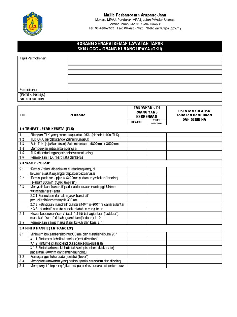 MPAJ BGN Borang - Senarai - Semak - Lawatan - Tapak - Skm-Ccc-Oku | PDF