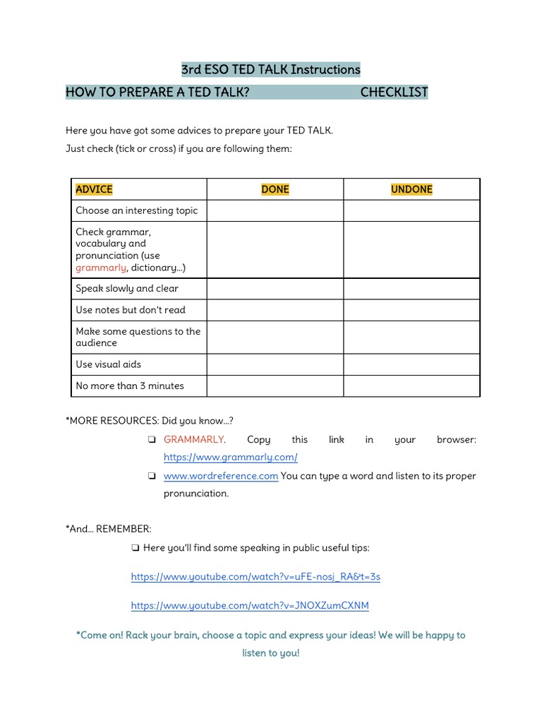 3rd ESO TED TALK Instructions How To Prepare A Ted Talk? Checklist | PDF